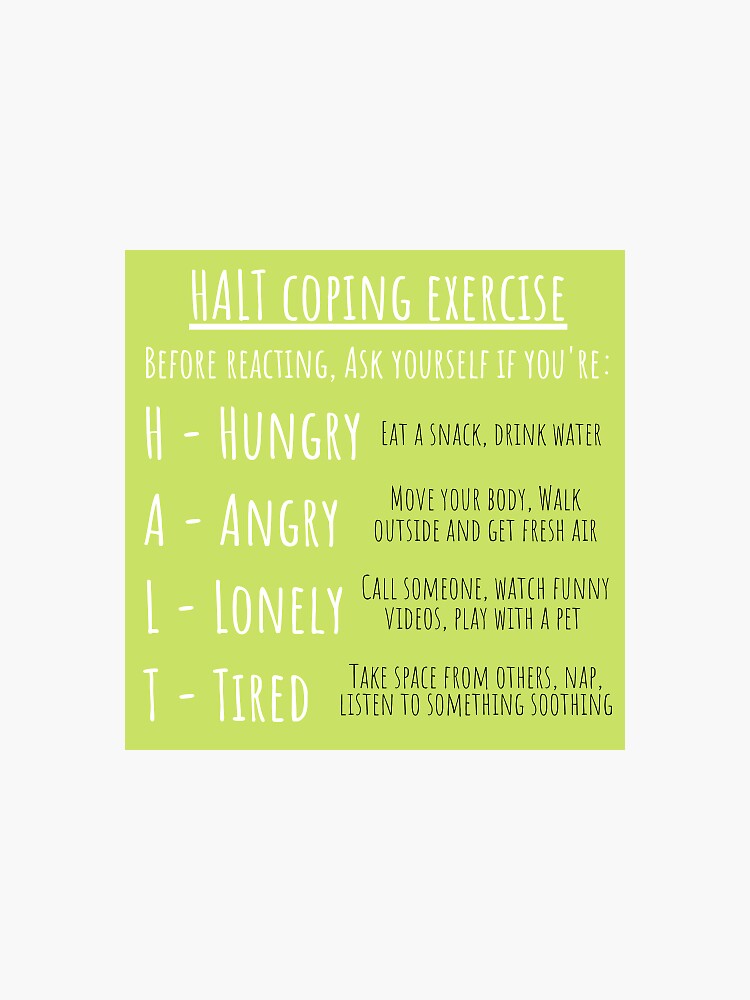 "HALT Coping Exercise (lime green)" Sticker for Sale by elizamcbridepdx ...