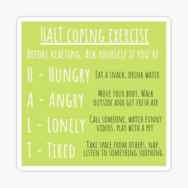 "HALT Coping Exercise (lime green)" Sticker for Sale by elizamcbridepdx ...