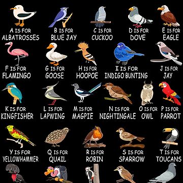 "Types Of Birds Alphabet A-Z ABC for Birds lover, Gift Tee for Men ...