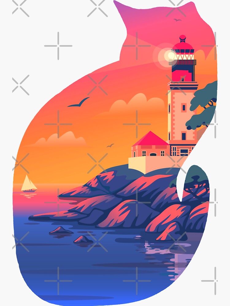 "Cat watching lighthouse - cat watching sunset scene" Sticker for Sale ...