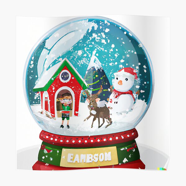 "Santa reindeer and elves inside of a snow globe Christmas 4" Poster ...