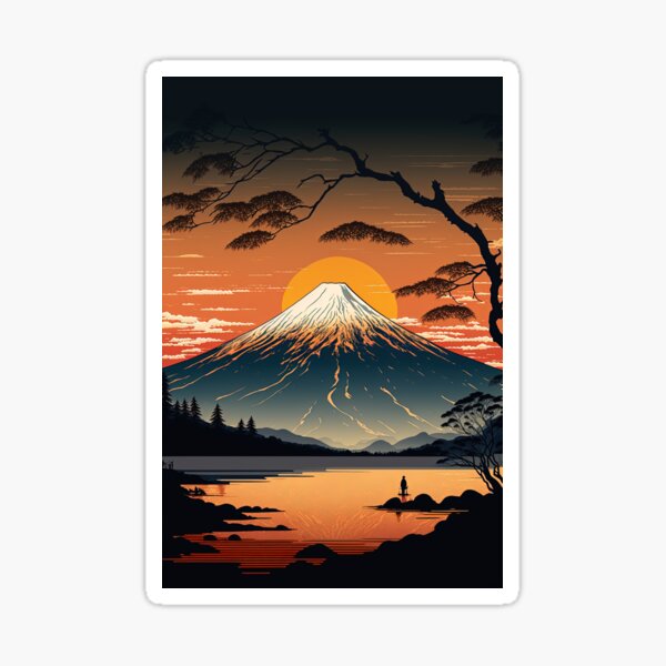 "Japanese Mountains and sun Ukiyo e illustration" Sticker for Sale by ...