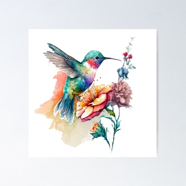 "Colorful Watercolor Hummingbird and flowers 14" Poster for Sale by ...