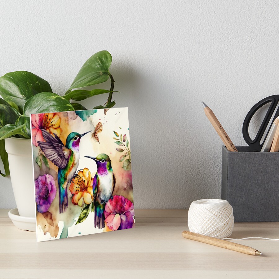 "Colorful Watercolor Hummingbird and flowers 22" Art Print for Sale by ...