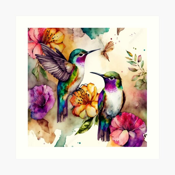 "Colorful Watercolor Hummingbird and flowers 22" Art Print for Sale by ...