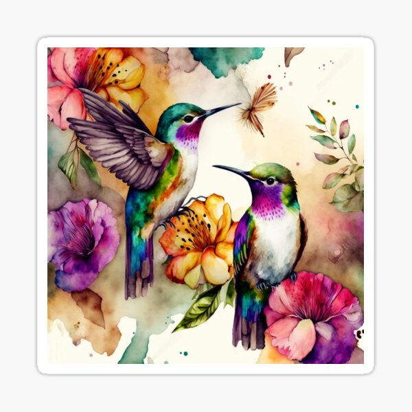 "Colorful Watercolor Hummingbird and flowers 22" Sticker for Sale by ...