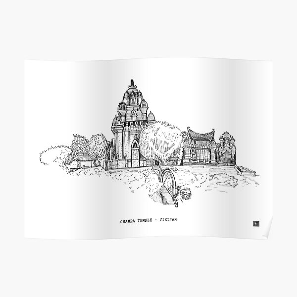"Champa Temple Vietnam Pen and Ink Illustration" Poster for Sale by ...