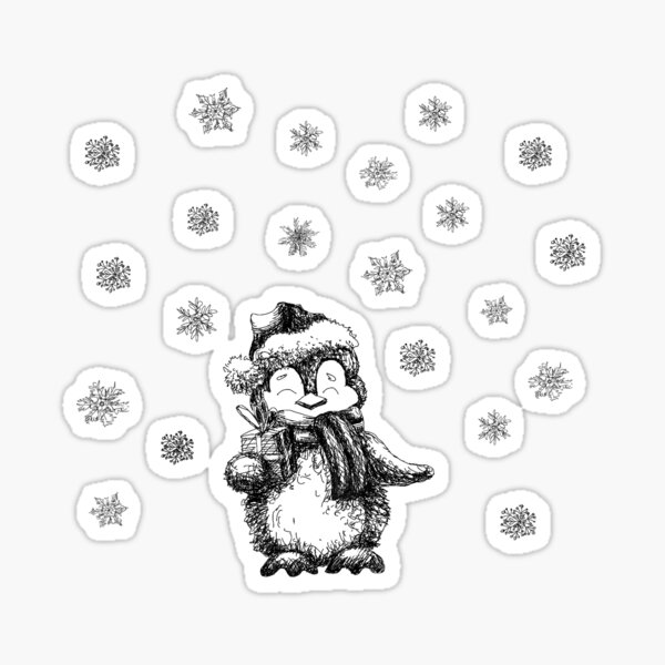 "Сute little penguin winter graphical black and white illustration with ...