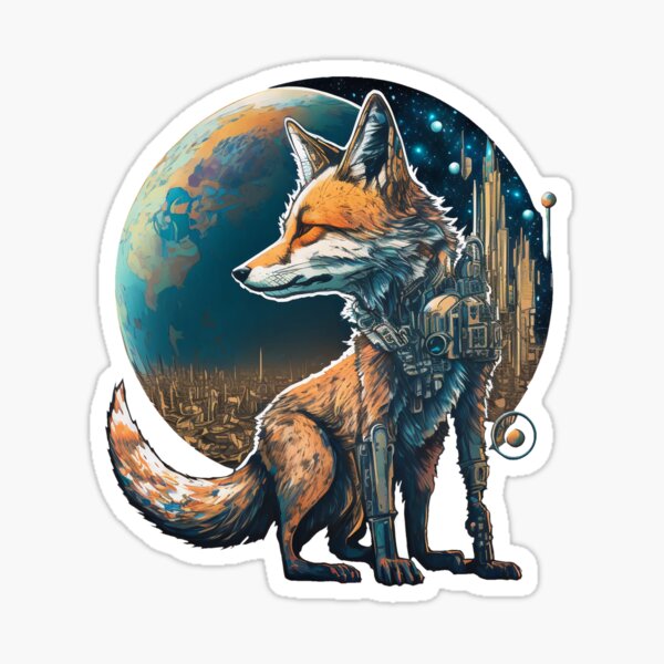 "Cyberpunk Red Fox with a Planet and a Metal City behind" Sticker for ...