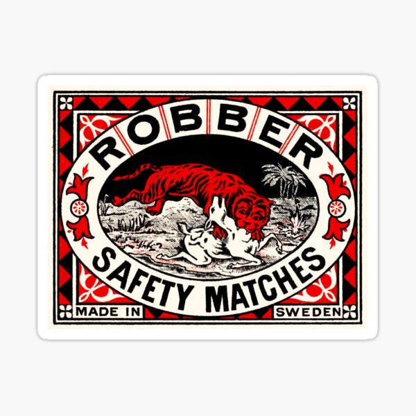 "Vintage Swedish Matchbox Art - Robber Safety Matches" Sticker for Sale ...