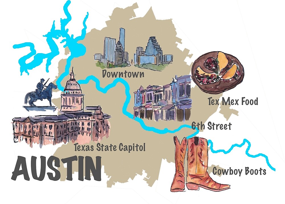 "Austin Texas map with sightseeing highlights" by artshop77 | Redbubble