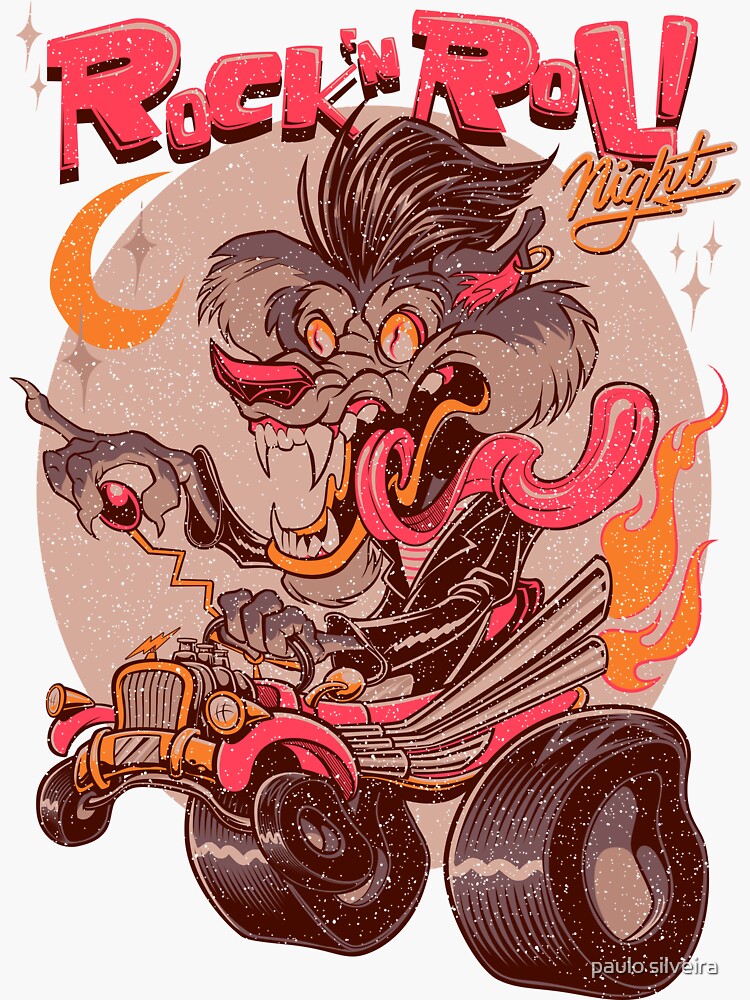 "Funny Rockers gift. Crazy rocker wolf driving his Hotrod to a Rock and ...