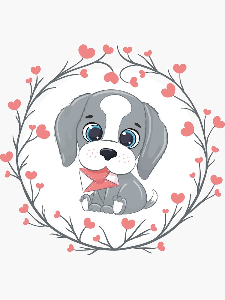 Pegatina «Lindo perrito con marco de corazón rojo y una carta roja de ...