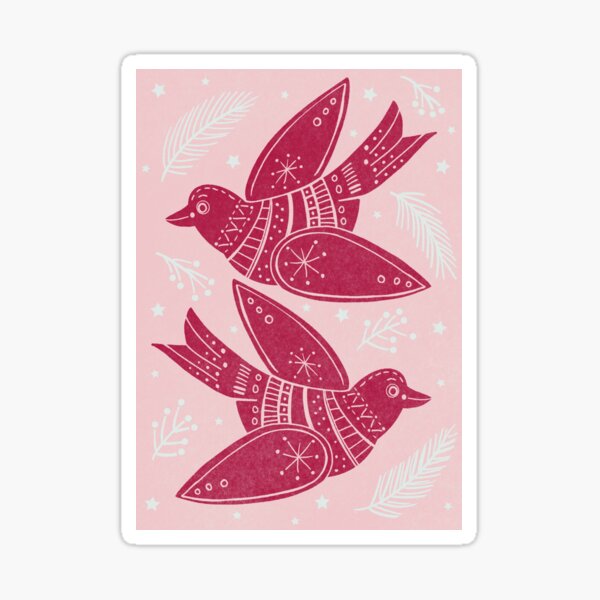 "Pink Christmas Turtle Doves with holly and foliage Linoprint repeat ...