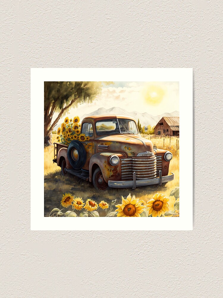 "Rustic Vintage Farm Truck with Sunflowers" Art Print for Sale by ...