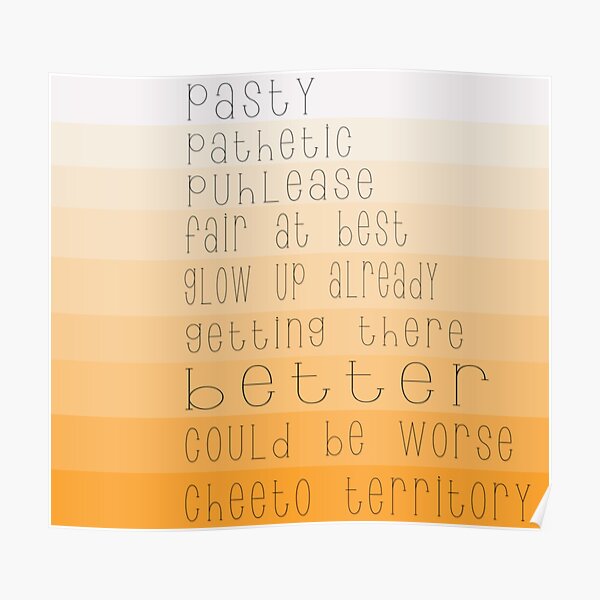 "skin tones - levels of tan - cheeto territory" Poster for Sale by ...