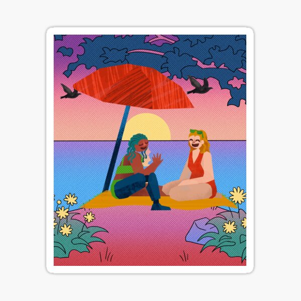 "Nature art prints of a beach, two girls in the sun, birds and sand ...