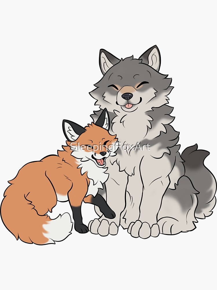 "Cuddling Fox and Wolf" Sticker for Sale by SleepingFoxArt | Redbubble