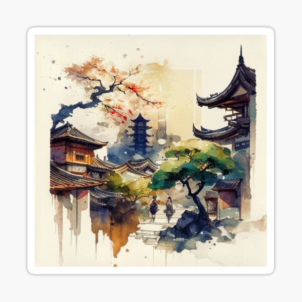 "Historic Japan temple in fress nature landscape in loose watercolor ...