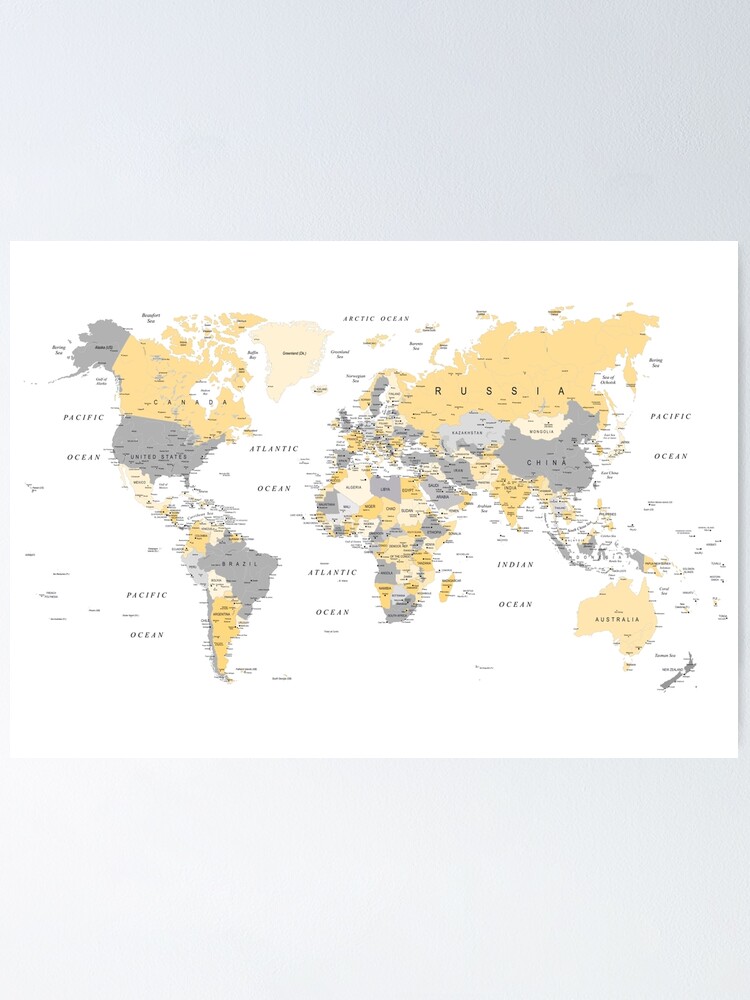 "Map of the World Yellow and Grey" Poster for Sale by UrbanEpiphany ...