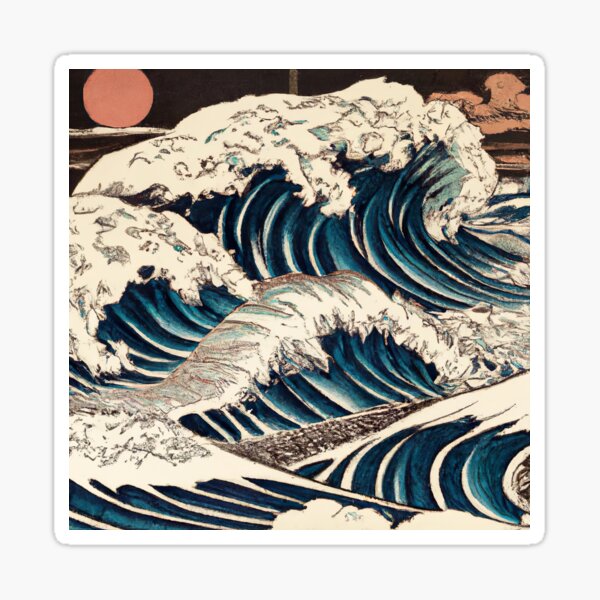 "Japanese Tsunami Waves with Sun" Sticker for Sale by TsunamiBlue ...