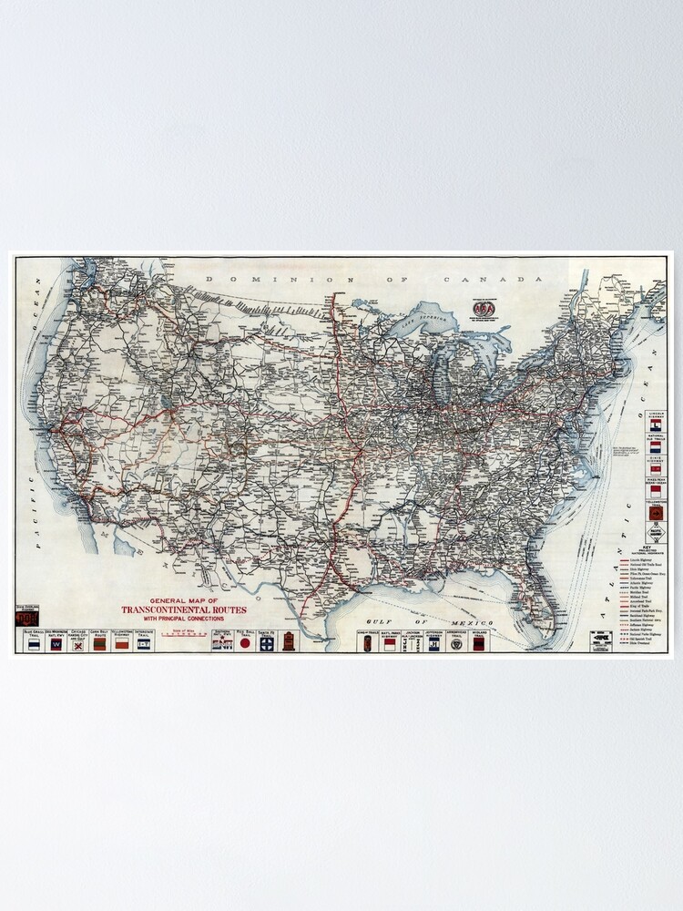 "Road and Highway Map of America Before Interstate Freeway System 1918 ...