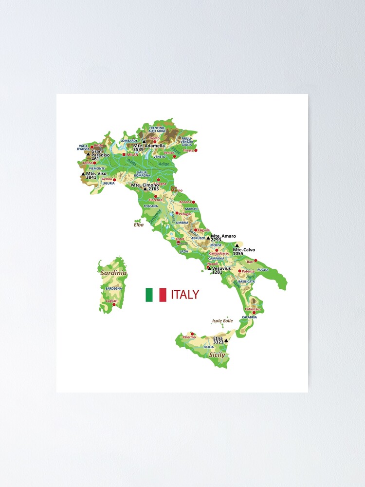 "Italy map with rivers, lakes and mountains" Poster for Sale by alijun ...