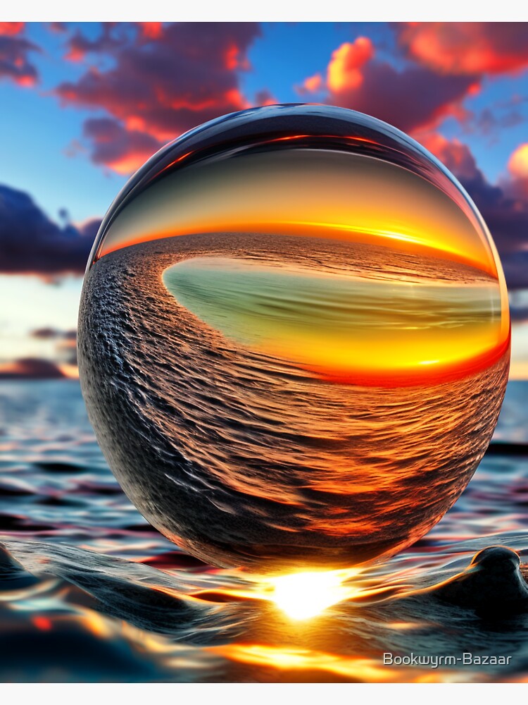 "Abstract art of a crystal sphere hovering above the ocean and ...