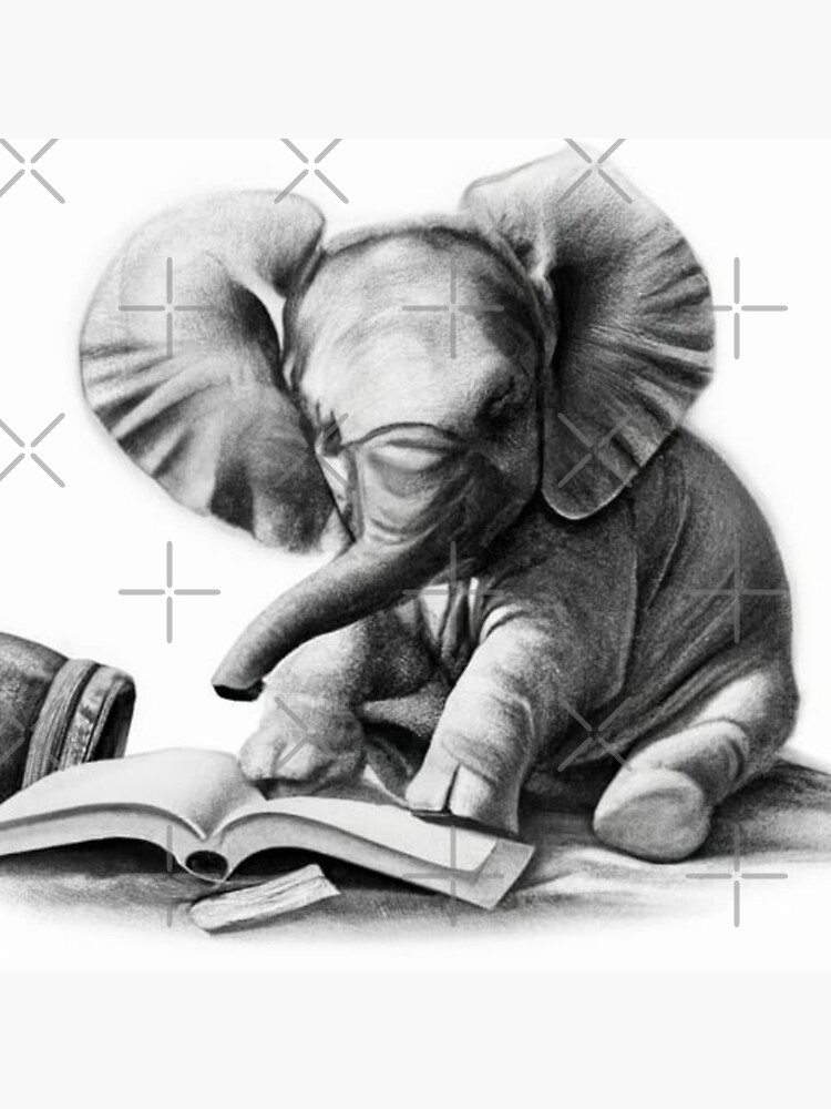 "Happy Baby Elephant reading a Book - Pencil Sketch" Sticker for Sale ...