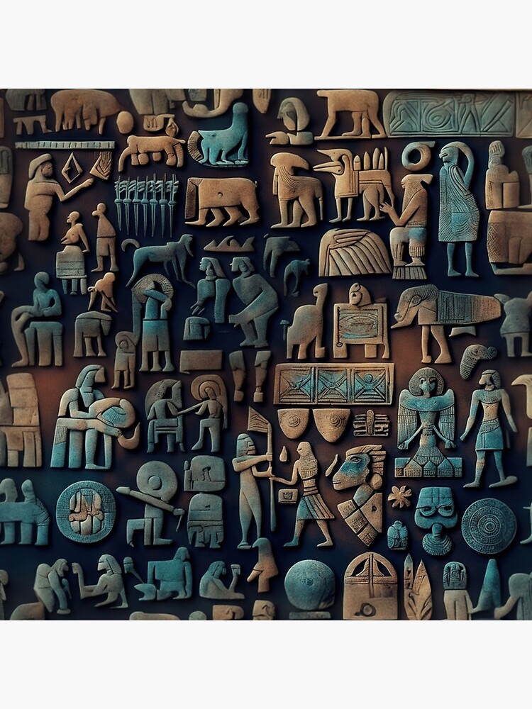 "Ancient Sumerian pictographs of olden rituals and creatures a blue and ...