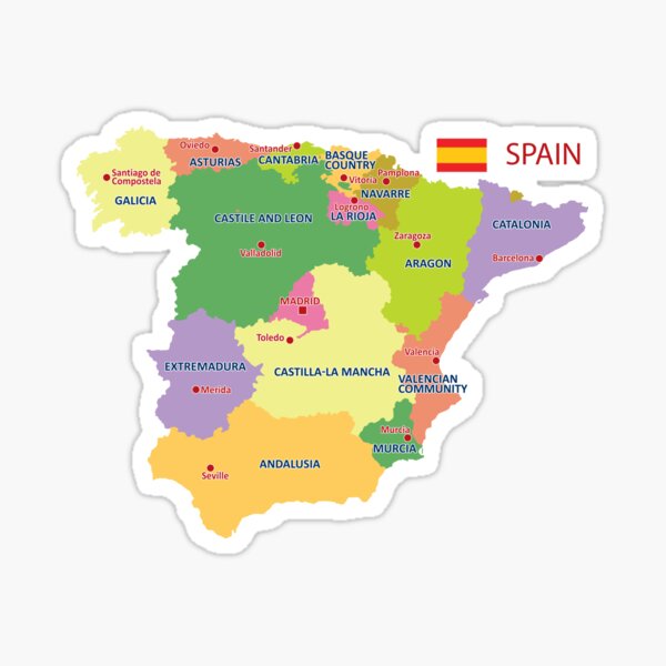 Sticker for Sale avec l'œuvre « Carte de l'Espagne avec les régions et les principales villes ...