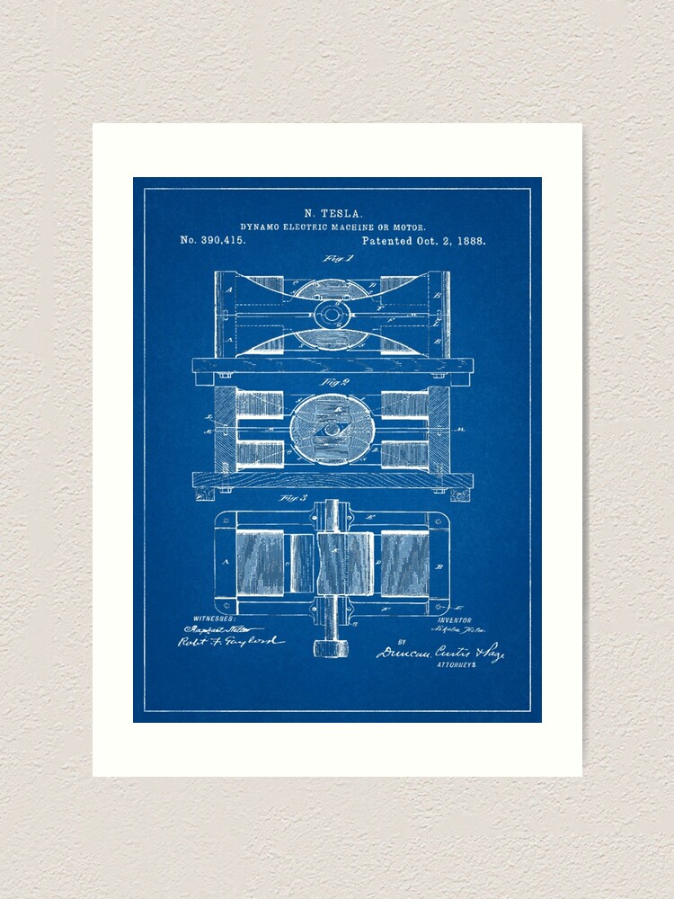 "1888 Nikola Tesla Electric Dynamo Patent Blueprint" Art Print by ...