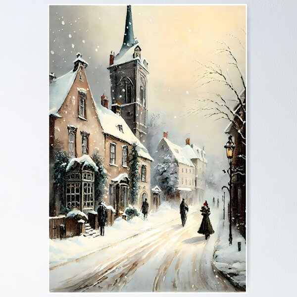 "Victorian Christmas Vintage Scene Snowing in a Quaint European Village ...