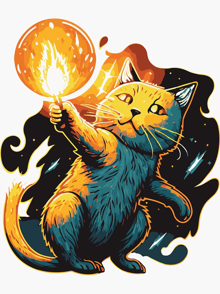 "The Wizard Cat Casts Fireball" Sticker for Sale by fantasy-cats ...