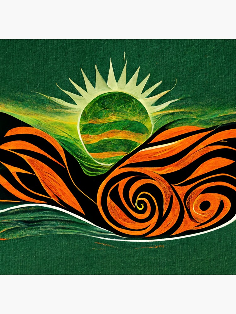 "Bold, dramatic image of a green sun rising up from between orange and ...