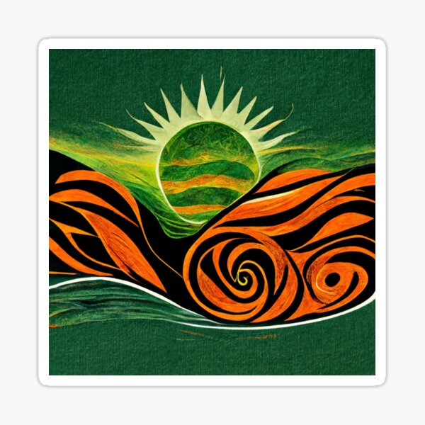 "Bold, dramatic image of a green sun rising up from between orange and ...