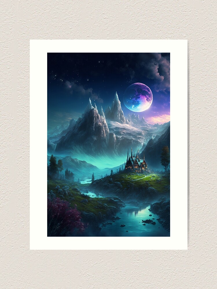 "Beautiful Fantasy Landscape with Mountains and Structures" Art Print ...