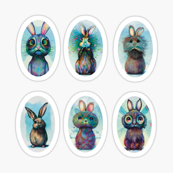 "Pack of 6 vintage watercolor rabbits oval mini digital art paintings ...