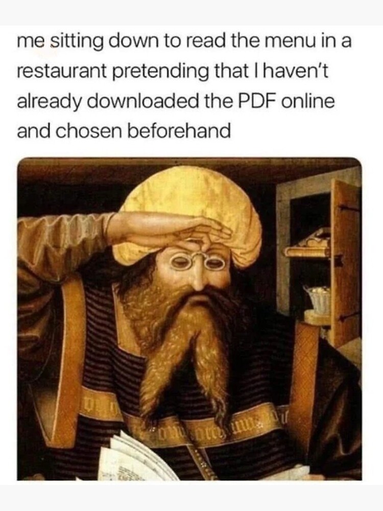 Pegatina «Yo sentado para leer el menú en un restaurante fingiendo ...