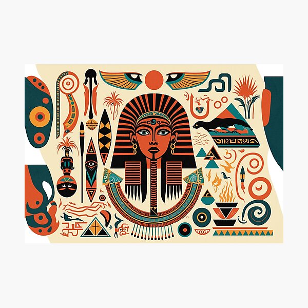 Lámina fotográfica «Motivos Y Símbolos Egipcios Con Cabeza De Faraona ...