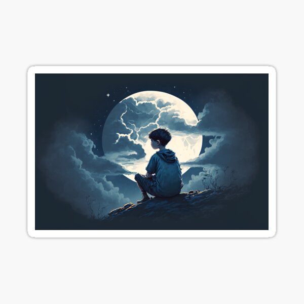 "Young boy sitting on the glowing moon" Sticker for Sale by iWinnie ...