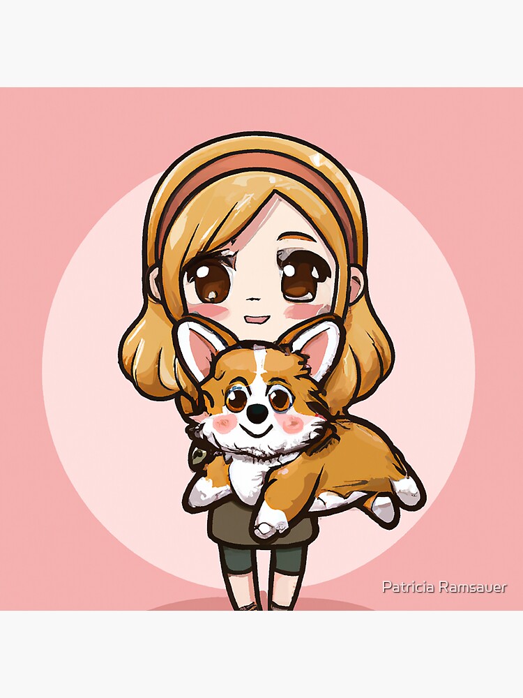 "Chibi girl holding her corgi puppy" Sticker for Sale by focusartist ...
