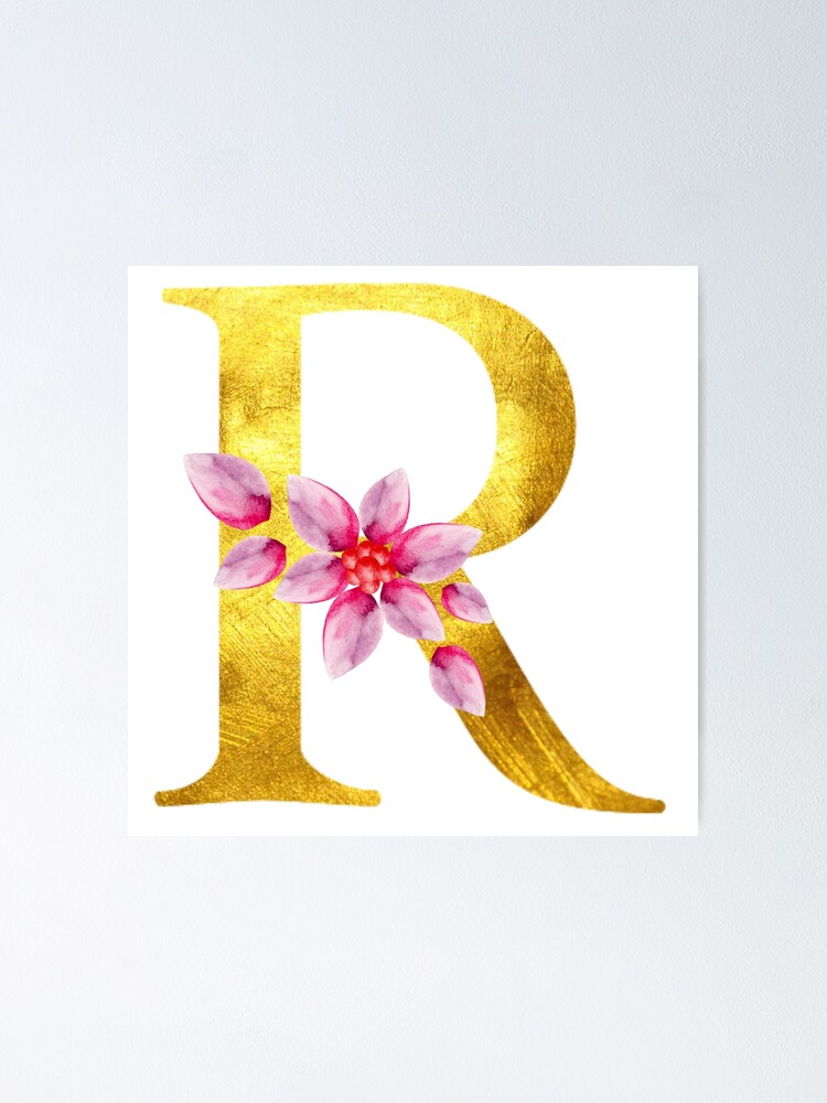 Póster «R letra de brillo dorado, abc, alfabeto botánico, pintura ...