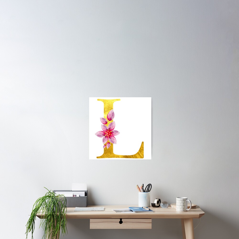 Póster «L letra de brillo dorado, abc, alfabeto botánico, pintura ...