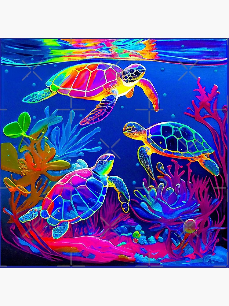 "Fantasy Art: Colorful Sea Turtle Family in Deep Blue Sea" Art Board ...