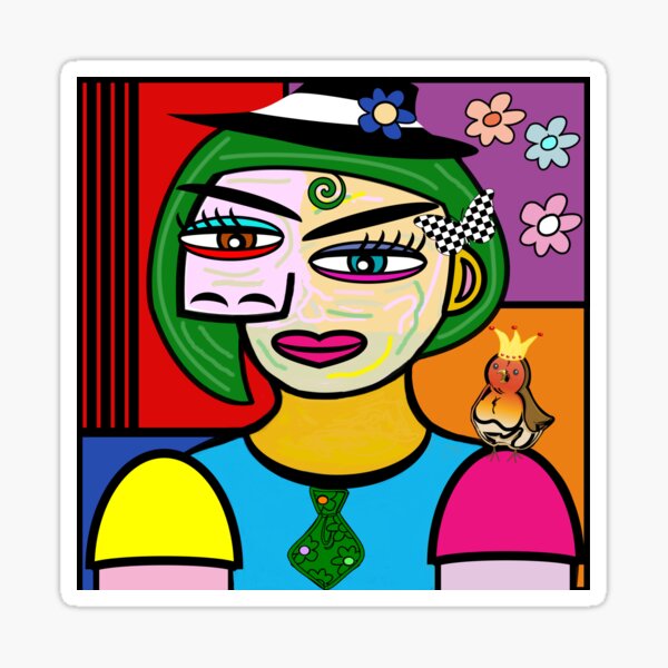 "Funky Lady with Hat Art Face and Bird" Sticker for Sale by jantulov ...