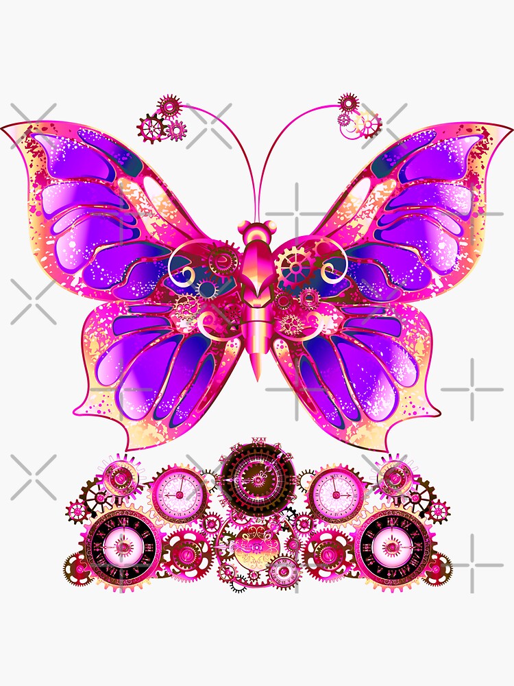 "Butterfly Steampunk: Clocks, Cogs, and Gears; pink version" Sticker ...