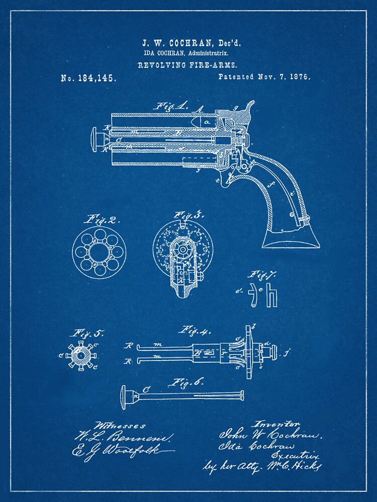 "1876 Cochran Revolver Patent Blueprint" Sticker for Sale by Michael ...