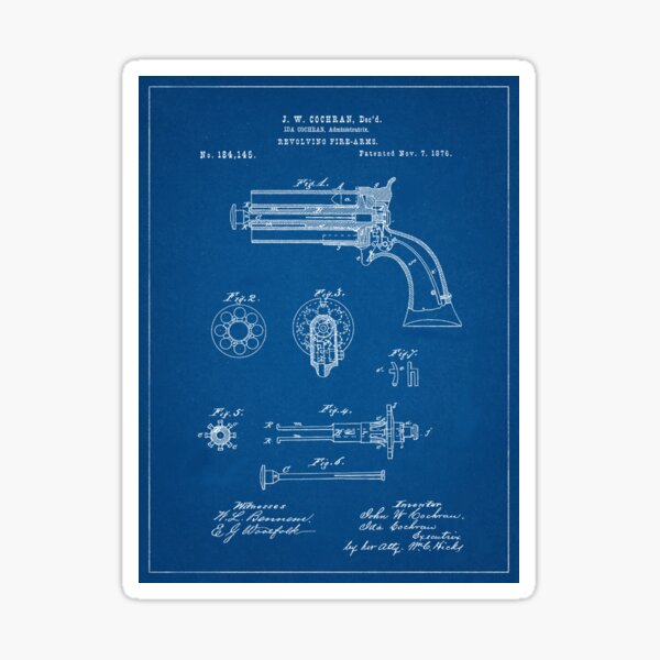 "1876 Cochran Revolver Patent Blueprint" Sticker for Sale by Michael ...
