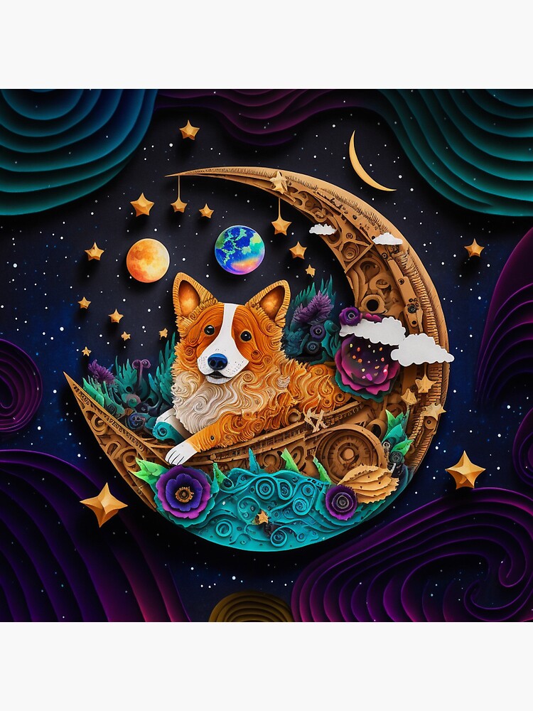 "Corgi Dog in Space on Crescent Moon Planets Stars Cute Art Digital ...
